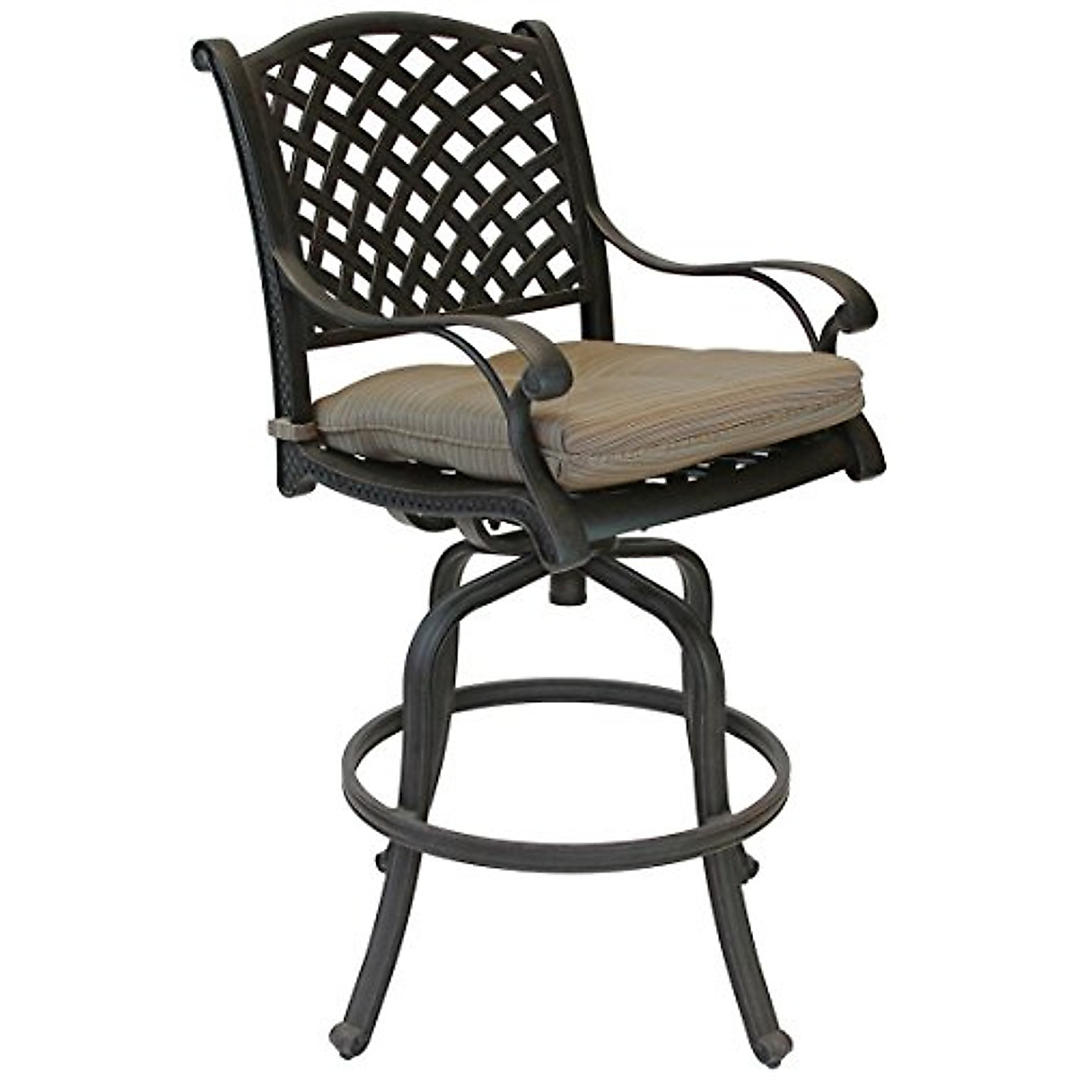 Nassau Outdoor Patio 4 Swivel Barstools 30" High Cast Aluminum Dark Bronze, Walnut Cushions