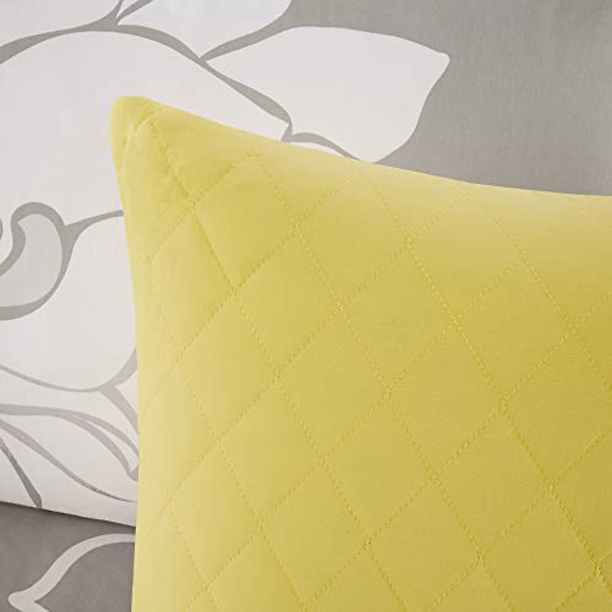 Madison Park Lola Sateen Cotton Comforter Set-Casual Medallion Floral Design All Season Down Alternative Bedding, Shams, Bedskirt, Decorative Pillows, King, Grey/Yellow 7 Piece