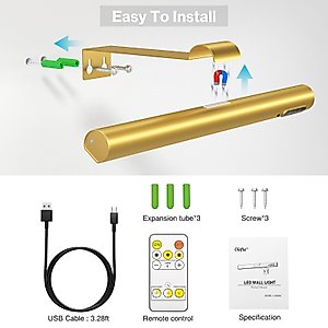 Olafus Picture Light Battery Operated with Remote, Rechargeable Wireless Wall Light, 3 Color Temperatures, Infinite Dimming and Timer, Cordless Art Frame Lighting, Gallery Painting Display Lamp Gold