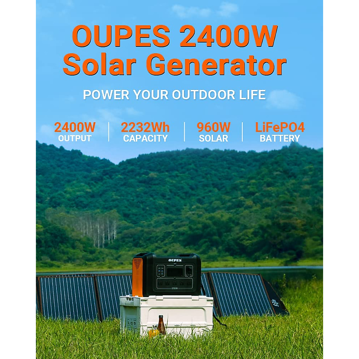 OUPES 2400W Portable Power Station, 2232Wh Solar Powered Generator w/ 5 AC Outlets (5000W Peak), Emergency LiFePO4 Battery Generator for Home Backup Outdoor Camping RV