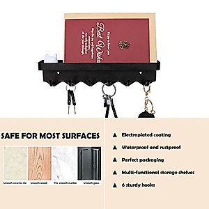 Smile Buzz Wall Mounted Adhesive Key Holder with Tray - Decorative Mail Organizer & 6 Sturdy Hooks for Entryway, Hallway, or Office - Keep Keys Handy & Organized.