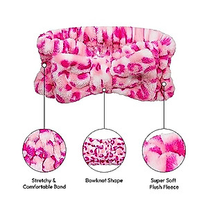 Red by Kiss Spa Headband for Washing Face Facial Makeup Bow Head Band Soft Plush Fleece Stretchy Head Wraps for Women Shower Bath Washing Face Mask (PINK LEOPARD)