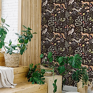 MAGAFA Peel and Stick Wallpaper - Fairytale Forest Moon and Stars - Owls, Snakes - Green, Red, Yellow, Brown, White - Matte - Waterproof - Reusable - 17.71" x 118.1" - Wall Art