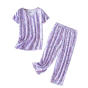 PNAEONG Women’s Pajama Set - Sleepwear Tops with Capri Pants Casual and Fun Prints Pajama Sets SY215-Purple-L