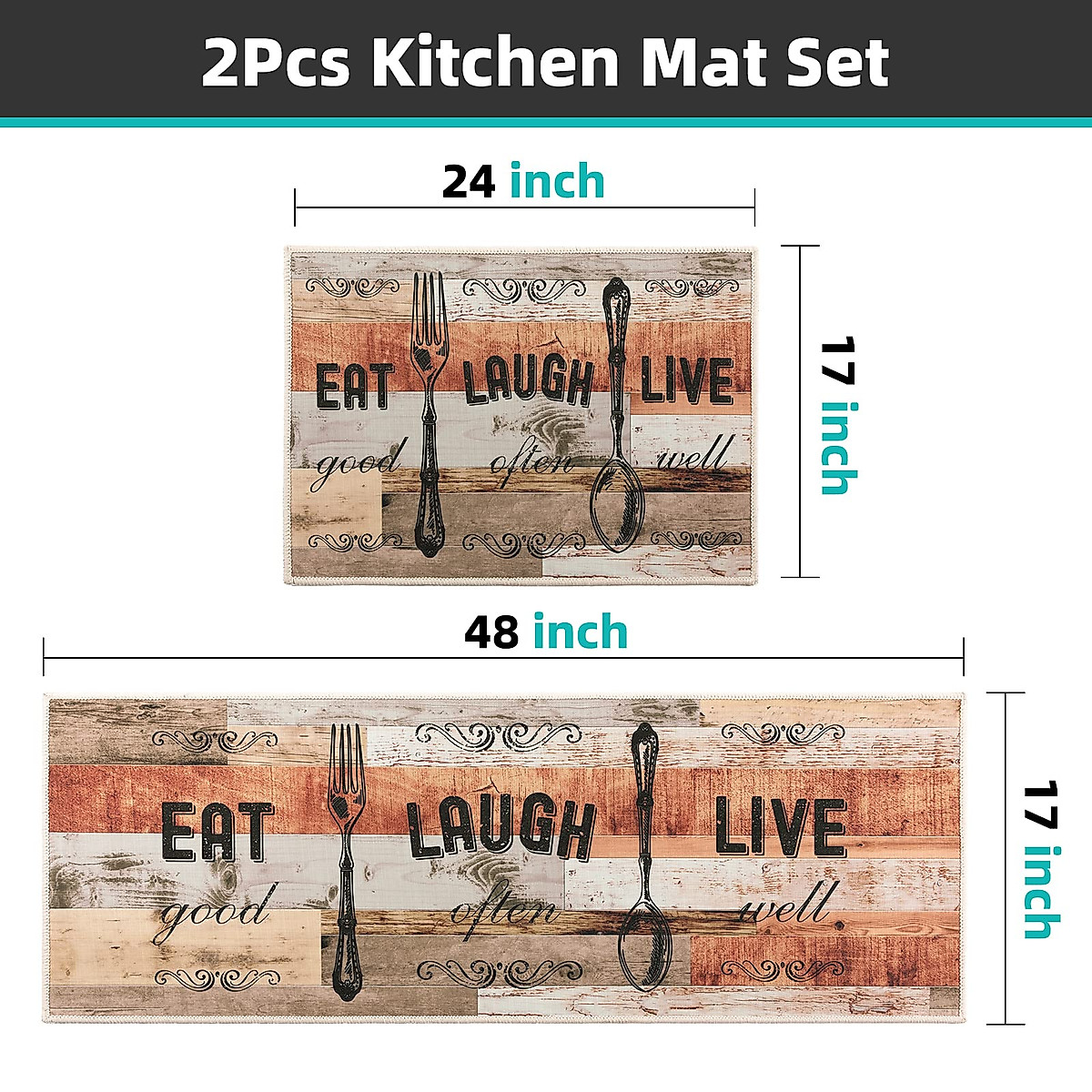 Carvapet Kitchen Mat [2 PCS 17"x48"+17"x24"] Non-Slip Backing Kitchen Rugs and Mats Pattern Printed Farmhouse Decor Washable Kitchen Floor Mat, Brown Orange