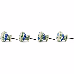 Polish Pottery Set of 4 Drawer Pull Knobs Made by Ceramika Artystyczna (Blue Tulip Theme) + Certificate of Authenticity