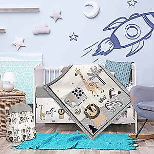 4 Piece Woodland Forest Animals Crib Bedding Set, Including Jungle Safari Crib Skirt, Blanket, Crib Sheet and Diaper Stacker, Soft Neutral Nursery Standard Size Baby Bedding for Baby Girls and Boys