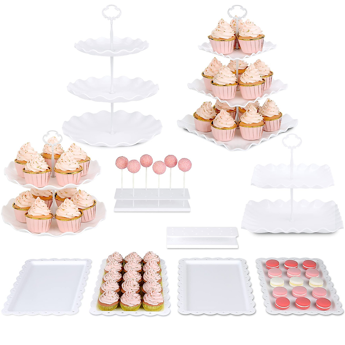 Pack of 11 NWK Dessert Stand Set, 12inch Cake Stand + 2X Large 2-Tier Cupcake Stands + 2X Large 3-Tier Cupcake Stands + 4 x Appetizer Trays +2 x Cake Pop
