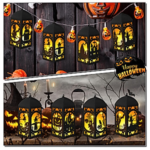Glooglitter 6 Pcs Halloween Paper Lantern Halloween Table Centerpieces Spooky Halloween Lanterns with LED String Lights Spooky Skeleton Owl Bat Castle Pumpkin Party Decoration