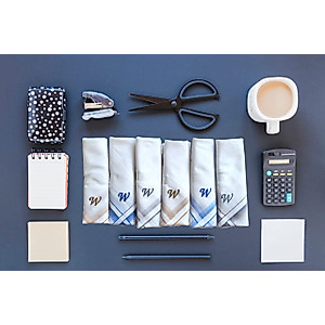 ANTONIA Personalized Handkerchief Cotton for Men with Embroidered W Initials Alphabets for Wedding, Gift, and Formal Occasions (Pack of 6) Multi Color