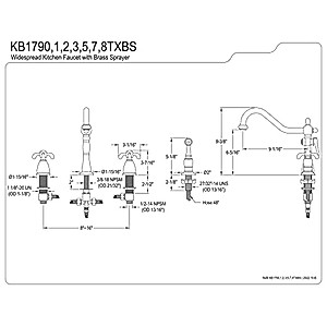Kingston Brass KB1798TXBS French Country Widespread Kitchen Faucet with Brass Sprayer, Brushed Nickel