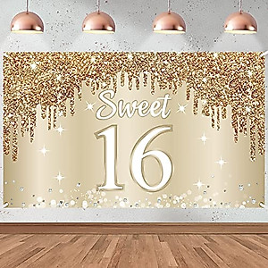 Happy Sweet 16th Birthday Banner Backdrop Decorations for Girls, Gold White Sweet 16 Birthday Sign Party Supplies, Sixteen Year Old Birthday Photo Booth Background Poster Decor(72.8 x 43.3 Inch)