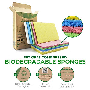 AIRNEX Biodegradable Cellulose Compressed Sponges - Pack of 16 Compostable Sponges Kitchen Pop Up Bulk - Non Scratch Multicolor Natural Dish Sponges - Heavy Duty Multipurpose Eco Friendly Sponges