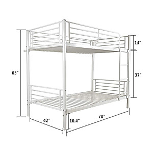 Karl home Bunk Bed Twin Over Twin, Metal Bunk Bed with Built-in Ladder and Safety Guardrail, Space-Saving Twin Bunk Beds for Kids, Teens & Adults, No Box Spring Needed, White