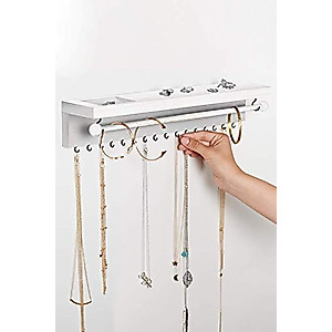 Rustic White Necklace Jewelry Organizer - Wall Mount Jewelry Holder - Mounted Hanging Jewelry Storage Hooks for Necklace, Earrings, and Rings - Farmhouse Wood Decor Bedroom Boho Shelf Rack