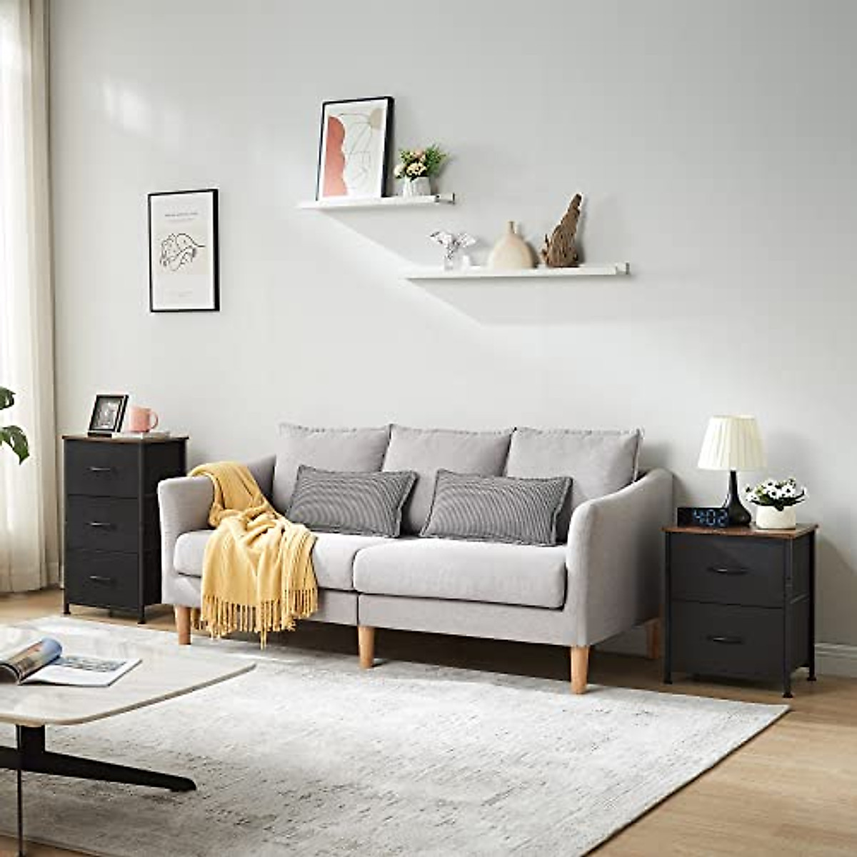 Somdot Nightstand with 2 Drawers, Bedside Table Small Dresser with Removable Fabric Bins for Bedroom Nursery Closet Living Room - Sturdy Steel Frame, Wood Top, Pull Handle - Black/Rustic Brown