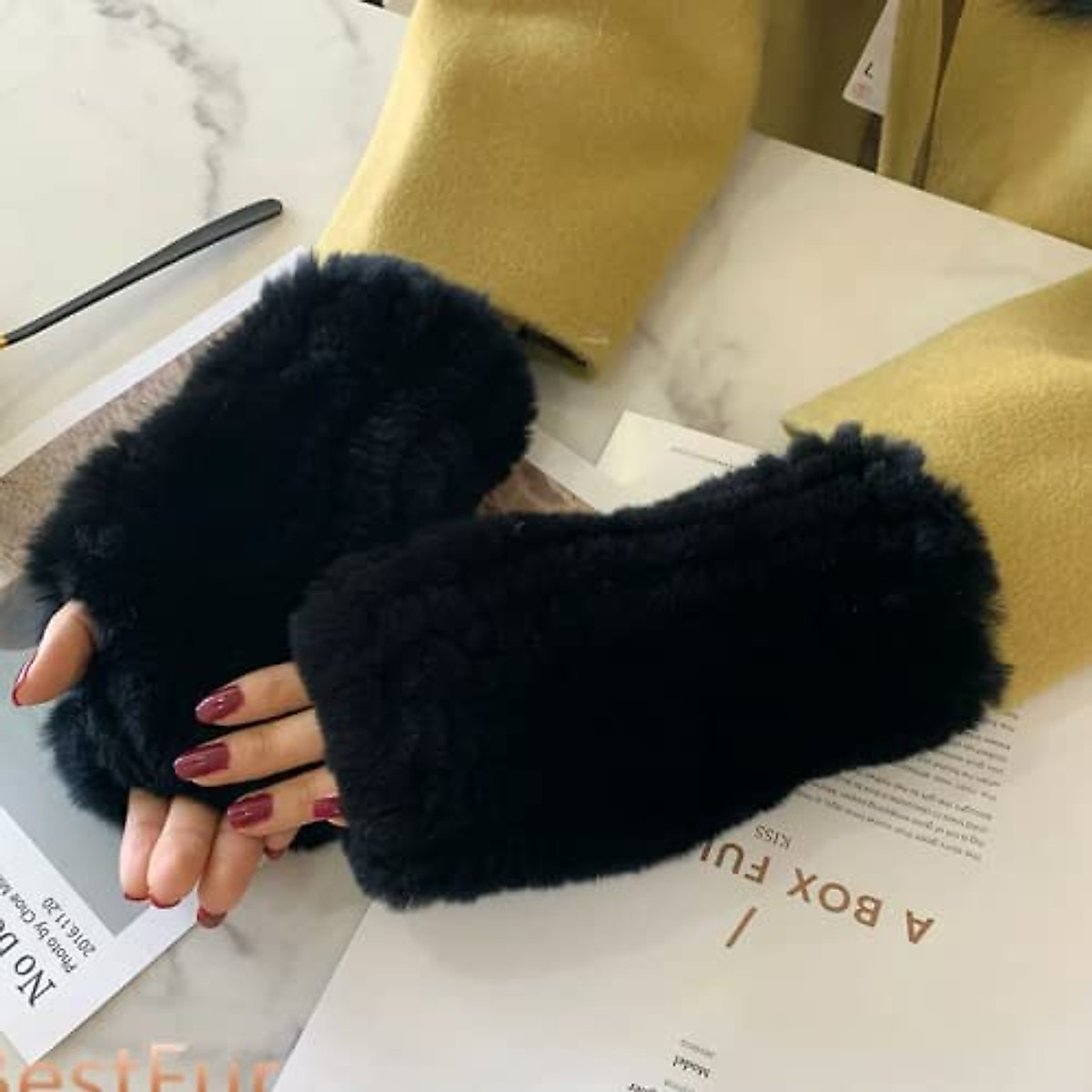 Lupidyyxun Real Rabbit Fur Gloves for Women Winter Furry Gloves Mittens Gloves Knitted Fingerless Gloves (Black)