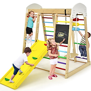 Costzon Indoor Jungle Gym, 8-in-1 Montessori Climbing Toys for Toddlers with Slide, Climbing Rock/Net, Monkey Bars, Wooden Playground Climber Playset for Kids Gifts Presents