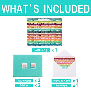 13" Large Gift Bag Set with Greeting Card and Tissue Papers (Colorful Stripes and Happy Birthday) for Women's or Men's, Boys, Girls, Baby Shower