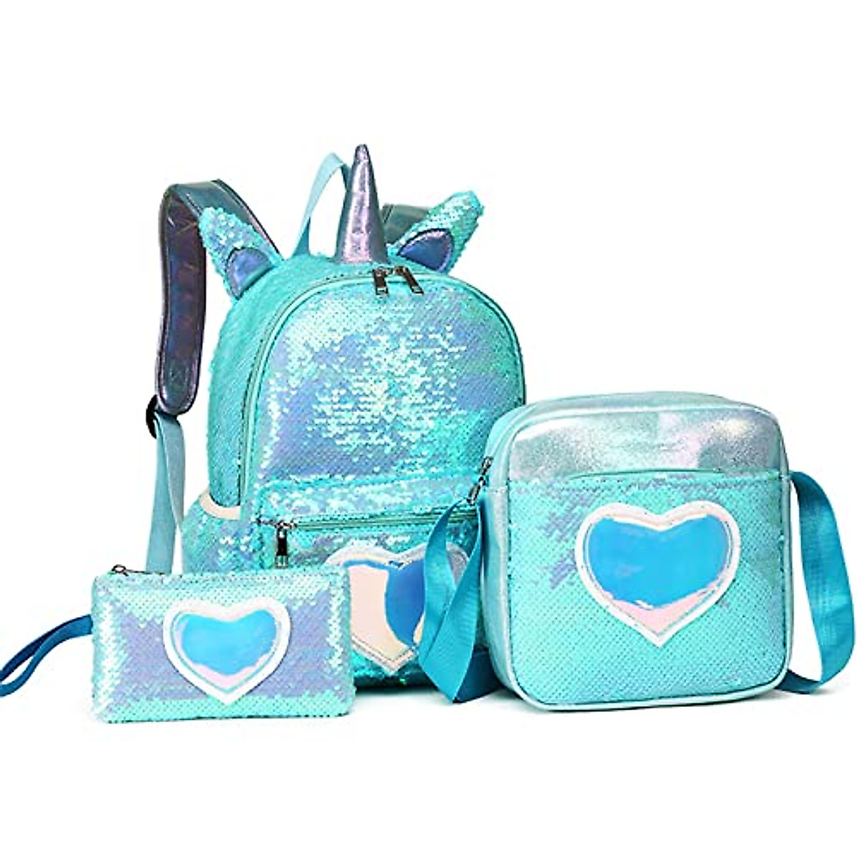 Muizary 3Pcs Cute Unicornios Backpack Set with Lunch Bag, Elementary Knapsack Rainbow Sequins bookbag for Girls and Woman -L(blue)