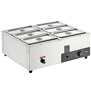 VEVOR 6-Pan Commercial Food Warmer, 6 x 8QT Electric Steam Table, 1200W Professional Countertop Stainless Steel Buffet Bain Marie with 86-185°F Temp Control for Catering and Restaurants, Silver