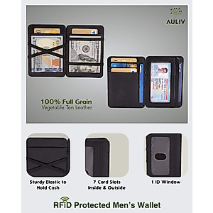 AULIV Card Holder Leather Magic Wallet RFID Blocking Slim Minimalist Front Pocket Credit Card Case for Men Women (Black)