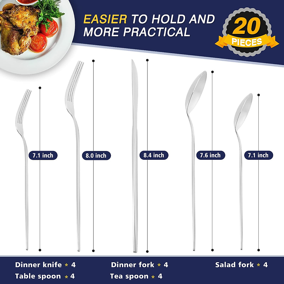 Oliviola 20 Pieces Silverware Set，Matte Stainless Steel Flatware Cutlery Set Service for 4, Stain Finish Kitchen Utensil Set，Include Dinner Knives Forks and Spoons Silverware, Dishwasher Safe