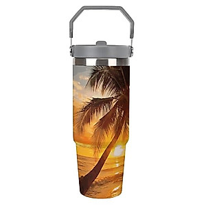 SYJTGDE Large Capacity Car Cup Tropical Beach Palm Tree Sunset Fashionable Upgrade Car Cup Advanced And Beautiful Travel Cup