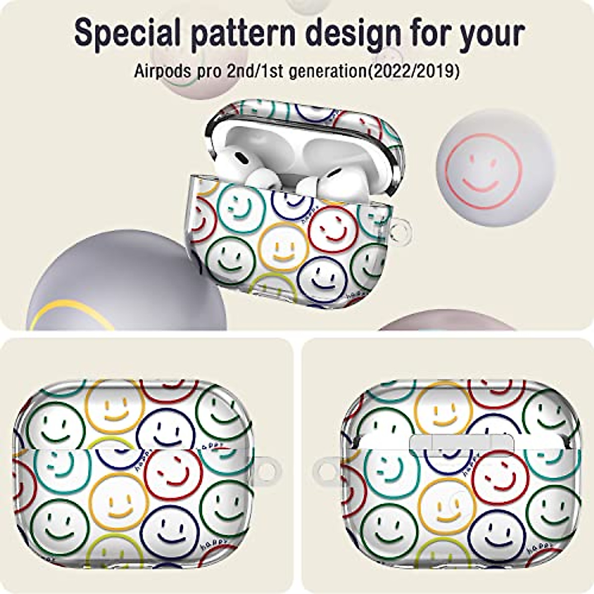 R-fun Airpods Pro 2nd Generation/1st Generation Case Cover,Cute Flroal Clear TPU Protective Case for Women Girls with Keychain Compatible with Apple AirPods Pro(2019/2022),Smile