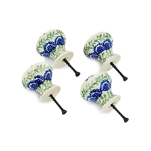 Polish Pottery Set of 4 Drawer Pull Knobs Made by Ceramika Artystyczna (Blue Tulip Theme) + Certificate of Authenticity