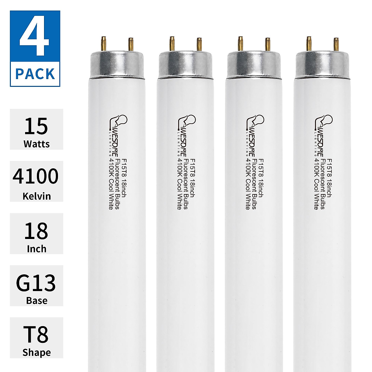 Wesome Lighting 18 Inch F15T8/CW Fluorescent Light Bulbs, Cool White 4100K, T8 15 Watts Fluorescent Bulb Replacement Tube for Counter and Cabinet Fixture, G13 Base - 4 Pack