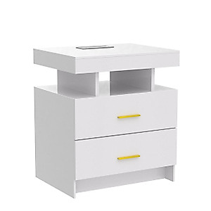 HNEBC Auto LED Nightstands Set of 2,Modern Bedside Table with 2 Ports & Wireless Charging Station,High Gloss Bedside Tables with 2 Drawers,Nightstands for Bedrooms/Living Room (White)