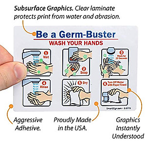 SmartSign “Be A Germ-Buster - Wash Your Hands" Hand Washing Label | 3.5" x 5" Laminated Vinyl Sticker, Pack of 4