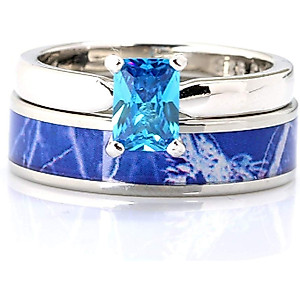 2 pc Womens Blue Camo Stainless Steel and Sterling Silver Engagement Wedding Rings Set (10)