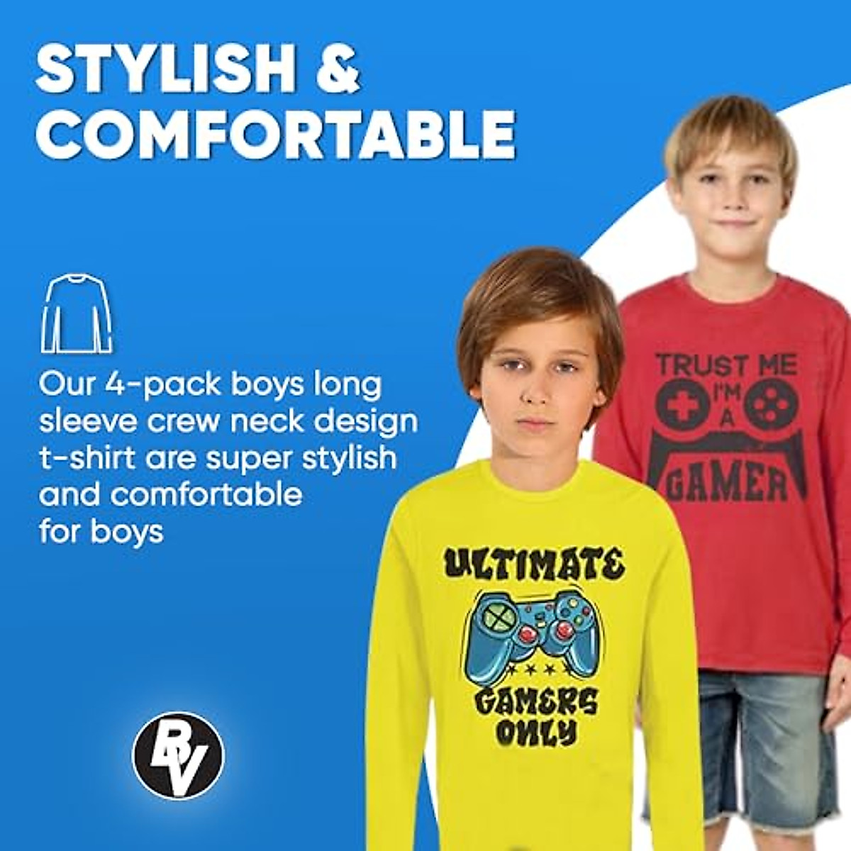 BROOKLYN VERTICAL 4-Pack Boys Long Sleeve Crew Neck T-Shirt with Chest Print | Soft Cotton Sizes 6-20 (as1, Alpha, m, Regular, Combo A)