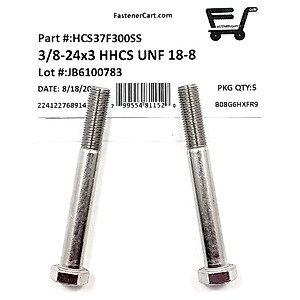 3/8-24x3 Stainless Steel Hex Cap Screws Hex Bolts 18-8 (UNF) FINE Thread - (5 pcs)