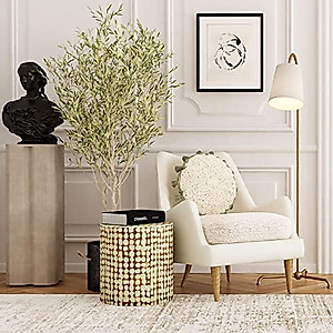 East at Main Round Side Table - 16”Dia x 16.5” h Living Room, Entryway, Small Spaces, Bedside Tables - Real Coconut Shell Mosaic Inlaid, Pre-Assembled, Natural and Sage Green Patina Finish