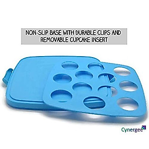 Cynergee Square Portable Cake, Pie, Cupcake, Muffin Carrier with Locking Lid and Collapsible Handles, Includes 50 All Occasion Paper Cupcake Liners, Blue
