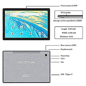 Justethan Android Tablet, Octa-Core Upgrade Google Certificated 5G Wi-Fi 10 inch Tablets, with 2GB RAM, 32GB Storage (128GB Expansion), 13.0MP Camera and Bluetooth 5.0, Latest Model 2023, Gray