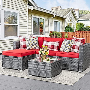Shintenchi Patio Furniture Sets Outdoor Sectional Sofa Silver All-Weather Rattan Wicker Small Patio Conversation Couch Garden Backyard with Washable Couch Cushion and Glass Table 3 Pieces Red