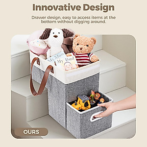 Puricon Stair Basket for Carpeted and Wooden Stairs, Flax Foldable Stair Step Basket with Drawer and Leather Handles, Staircase Storage Organizer for Home Toys Clothes