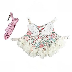 Rabbit Harness Leash Set - Breathable Cotton Dress for Walking Escape Proof Soft Harness Leash with Adjustable Buckle for Small Animal Bunny Cat Puppy Kitten Ferrets Costumes (Small,Floral)
