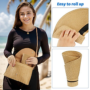 Straw Sun Visors Womens, Ponytail Beach Straw Visor, Packable Summer Sun Hats for Women Travel Khaki