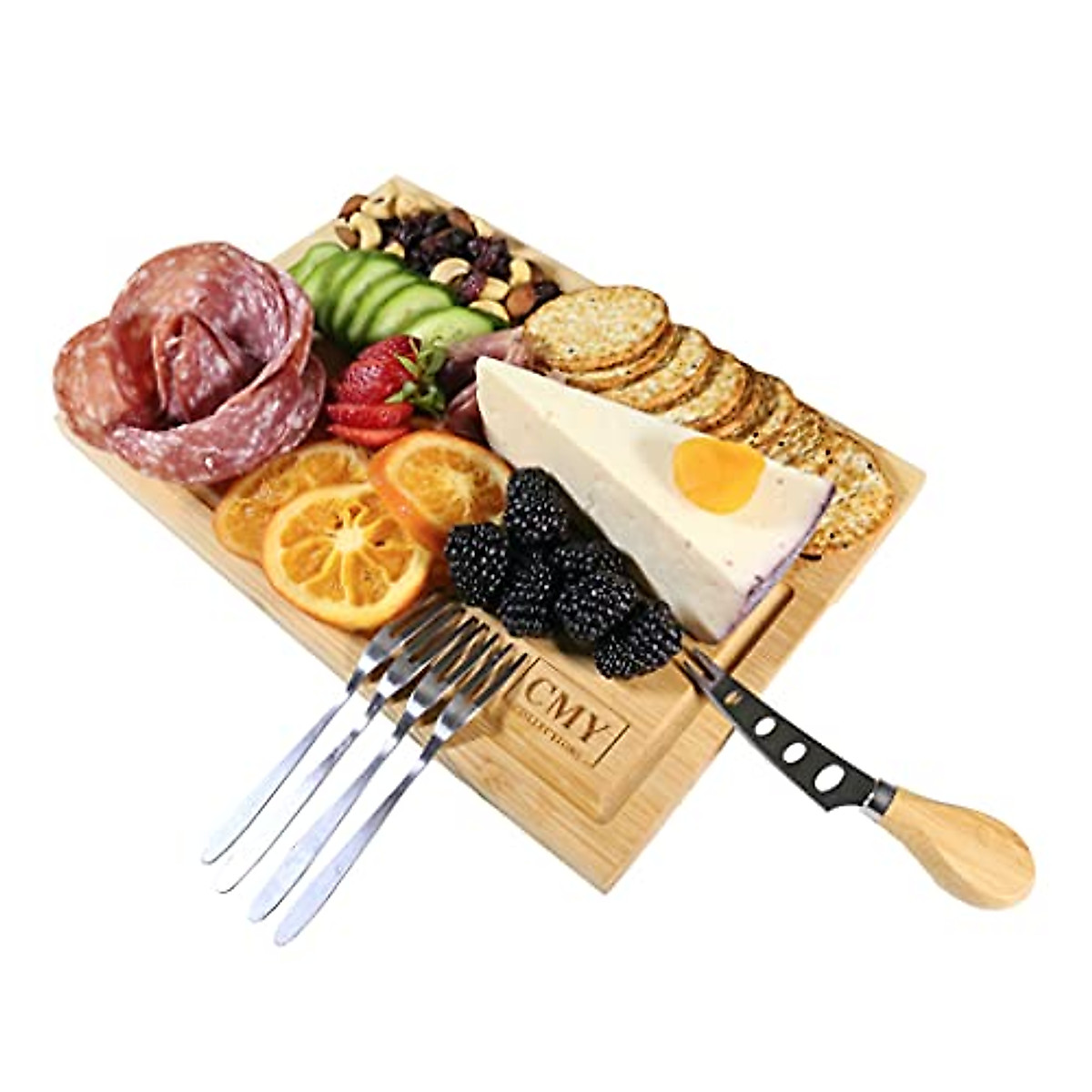 CMY COLLECTIONS Charcuterie Board, Cheese Server, Bamboo Cheese Board and Knife Set, Cheese Plate, Cheese Platter, Serving Tray - Reversible 2-in-1.