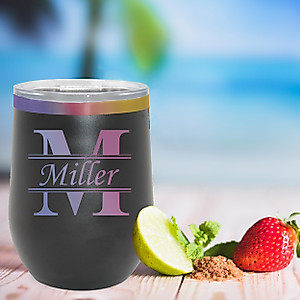 Custom Engraved Insulated Stemless Wine Tumbler Cup - Personalized Bridesmaid Beach Pool Girls Fun - Monogrammed (Black with Prism)