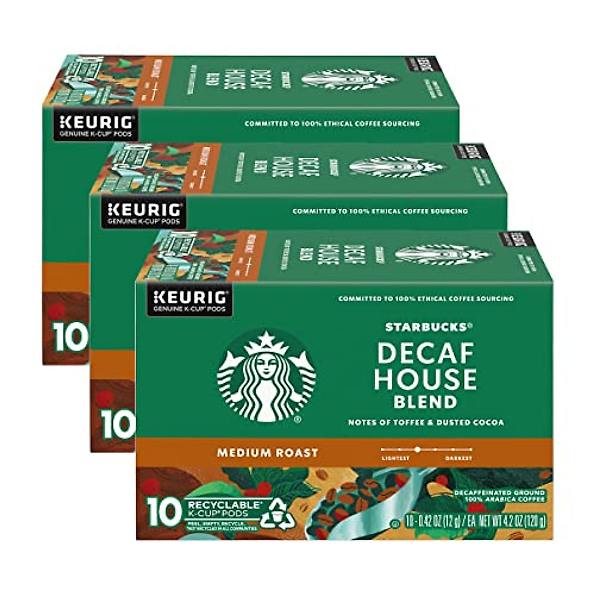 Starbucks Decaf House Blend Coffee K-Cup Pods, Medium Roast Decaffeinated Ground Coffee K-Cups for Keurig Brewing System, 10 CT K-Cups/Box (Pack of 3 Boxes)