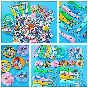 94Pcs Cartoon Party Supplies Birthday Party Favors, Include 10 Silicone Wristband,10 Button Pins,10 Key Chains,14 Stamps, 50 Stickers for Kids, Best for Goodie Bags