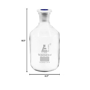 EISCO 1000mL (33.8oz) Glass Reagent Bottle with Acid Proof Polypropylene Stopper, Borosilicate 3.3 Glass Labs
