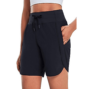 BALEAF Women's 7" Long Running Shorts Athletic Workout Gym Quick Dry Hiking Shorts High Waisted Zipper Pocket Black L