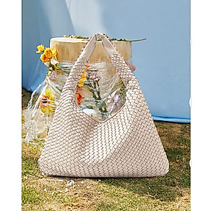 Women's Leather Woven Tote Handbag,Handmade Large Capacity Shoulder Bags Travel Bag Shopper Bag Hobo Bag (Apricot)